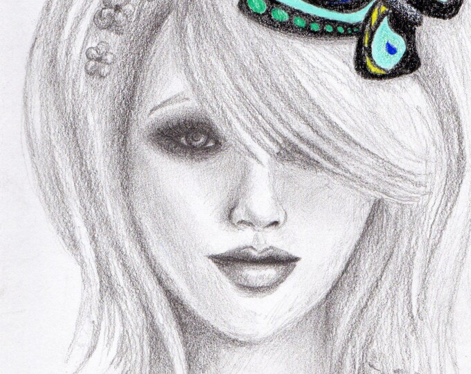 Girl With a Butterflyoriginal Pencil and Colored Pencil - Etsy