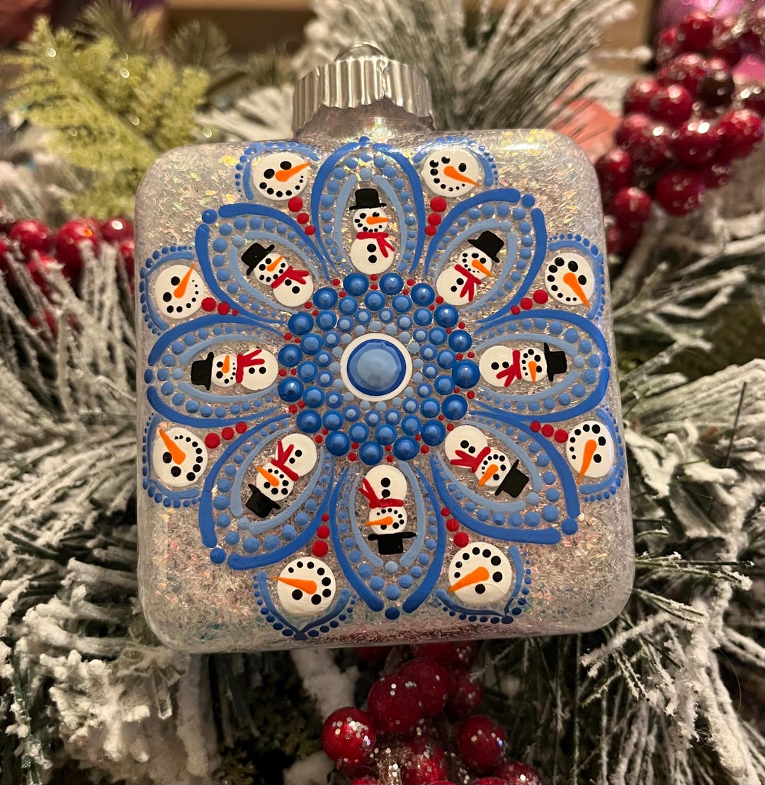 Hand Painted Plastic Square Blue and White Snowman Mandela Christmas ...