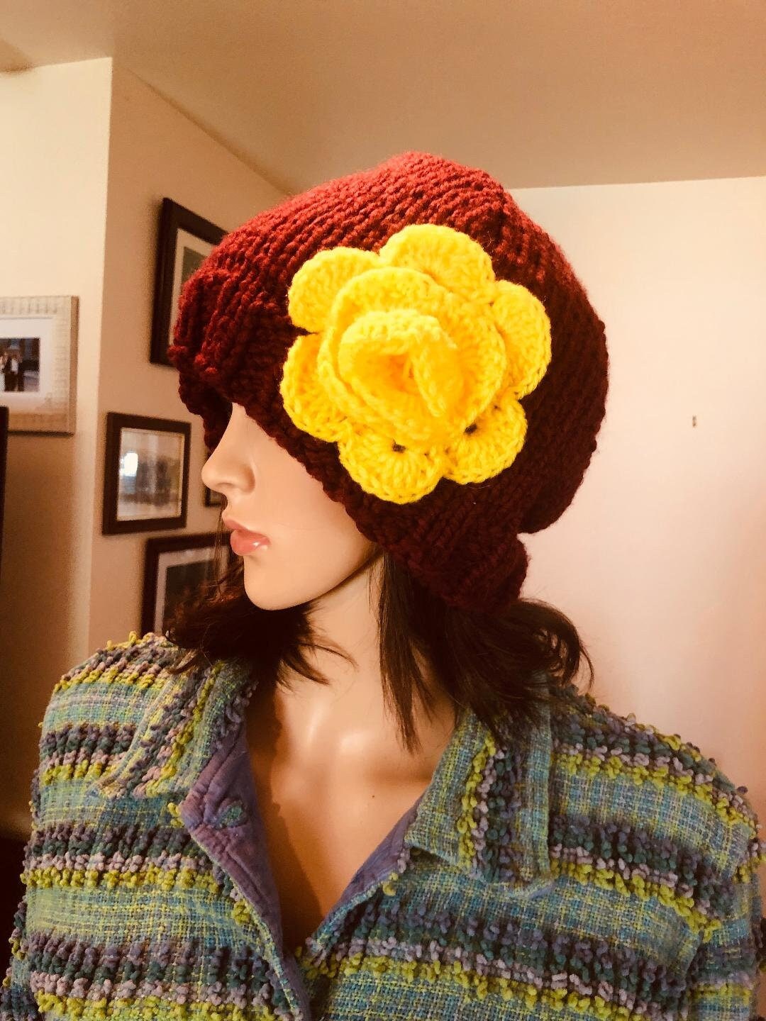 Winter Hat Hand Knit Flower Hat Beanie Handmade Beanie - Etsy