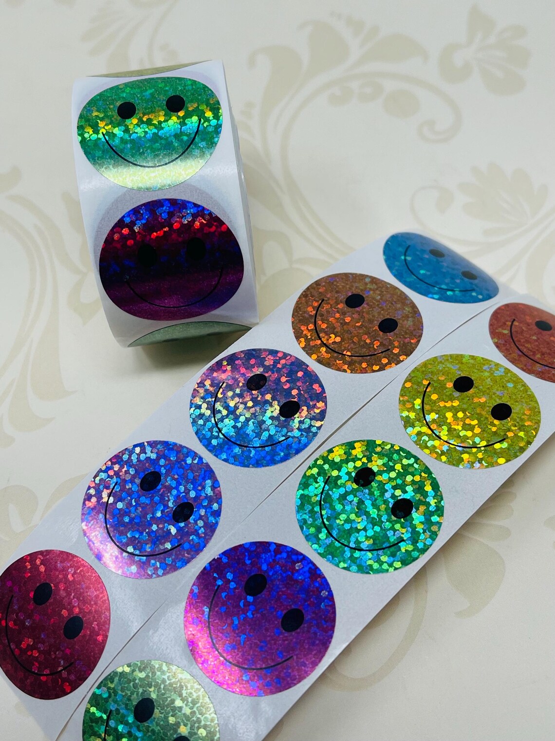 500 Sparkle Smiley Face Roll of Stickers 1” Happy Seals Adhesive ...