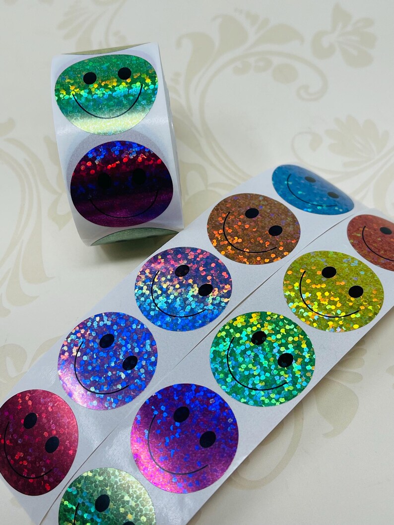 500 Sparkle Smiley Face Roll of Stickers 1” Happy Seals Adhesive ...