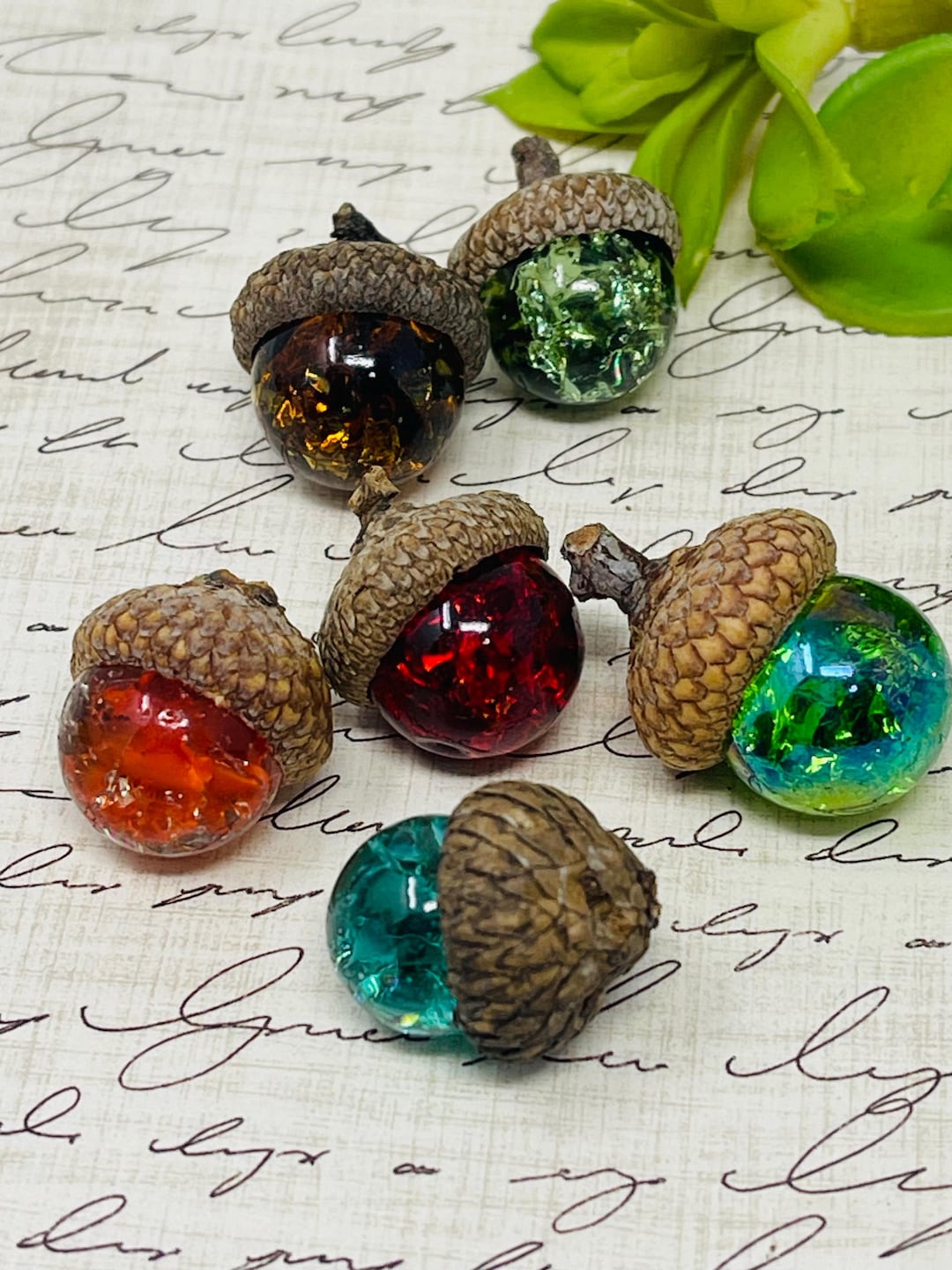 6 Fall Multi Colored Handcrafted Acorns Cap Crackled Glass Marbles ...