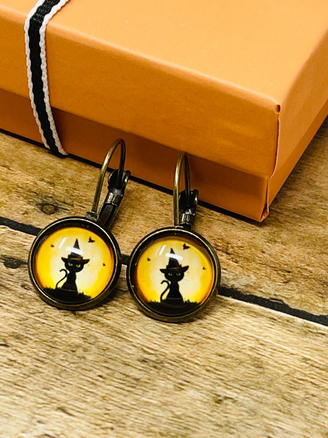 Halloween Black Cat Witches Hat Fall Antique Bronze Earrings Lever Back ...