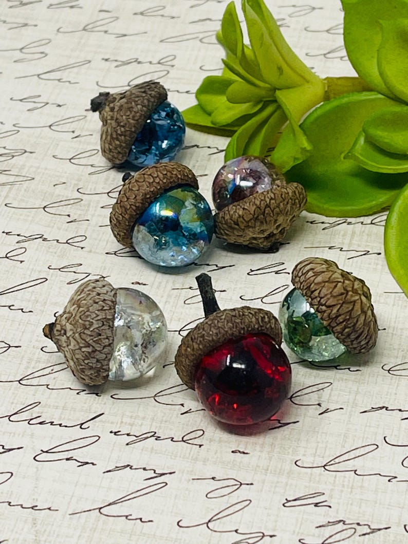 6 Iridescent Multi Colored Rainbow Handcrafted Acorns Cap Crackled ...