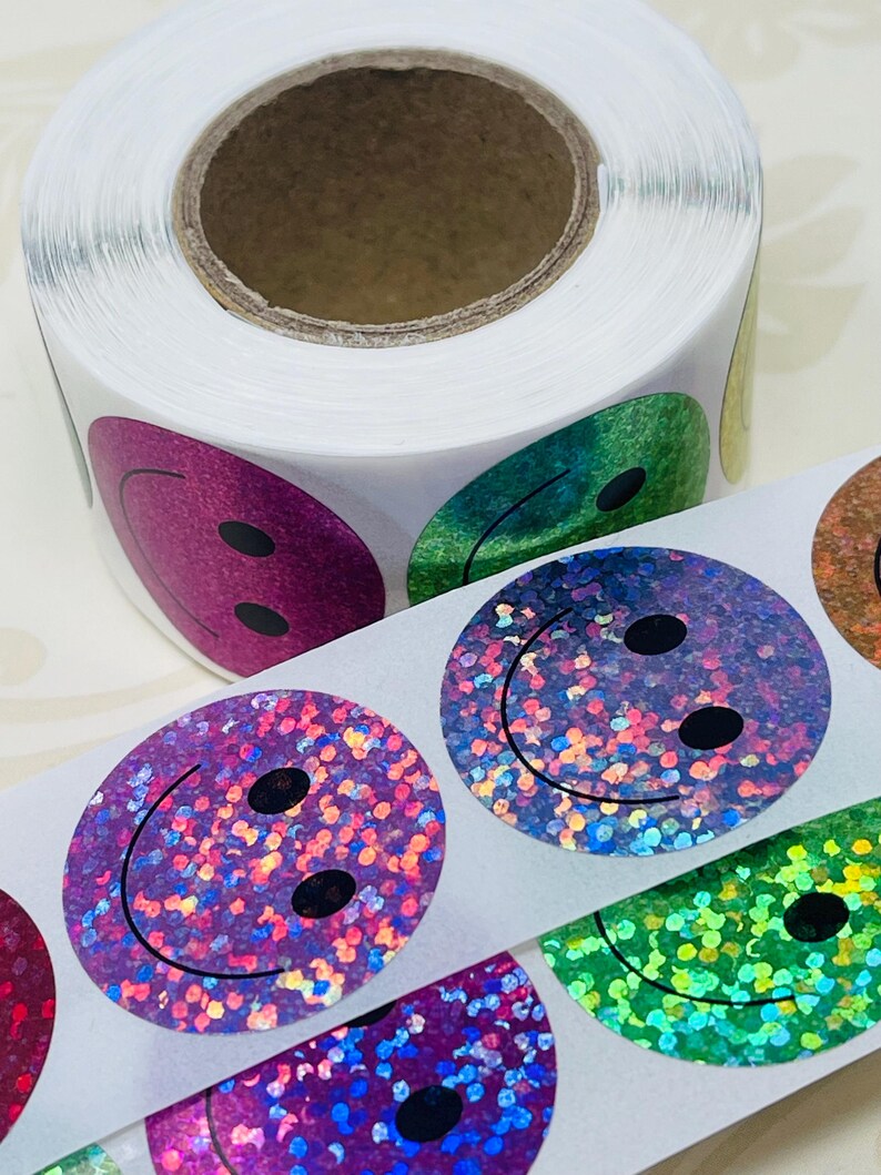 500 Sparkle Smiley Face Roll of Stickers 1” Happy Seals Adhesive ...