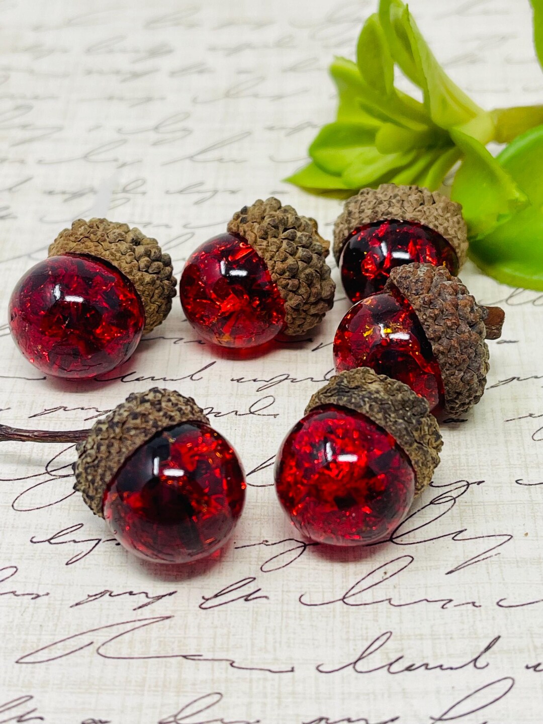 6 Cherry Red Green Handcrafted Acorns Cap Crackled Glass Marbles Glass ...
