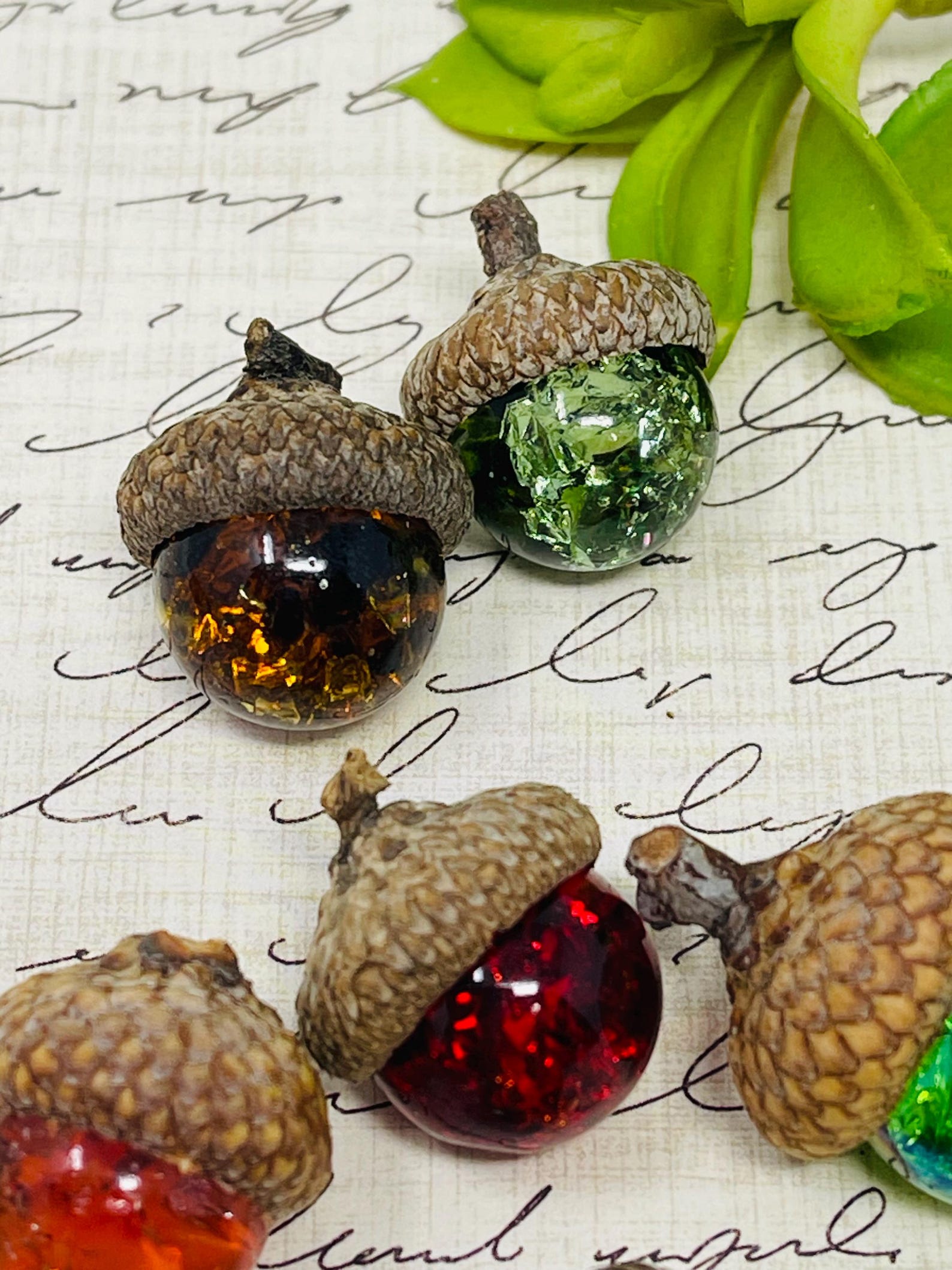 6 Fall Multi Colored Handcrafted Acorns Cap Crackled Glass Marbles ...