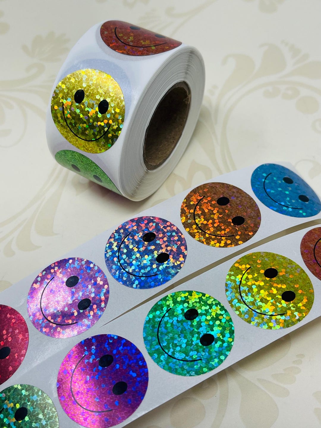 500 Sparkle Smiley Face Roll of Stickers 1” Happy Seals Adhesive ...