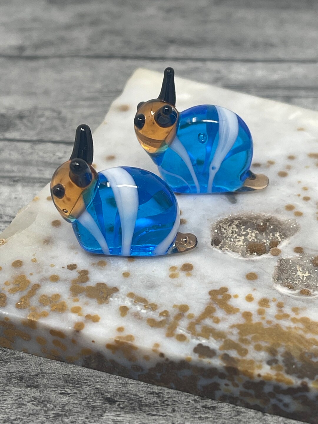 2 Hand Blown Tiny Glass Miniature Blue Snails Figurines - Glass Animals ...