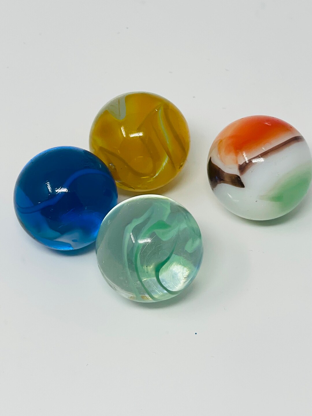 4 Vintage 25mm Glass Marbles Shooter Moon Swirl Blue Agate White Toys ...