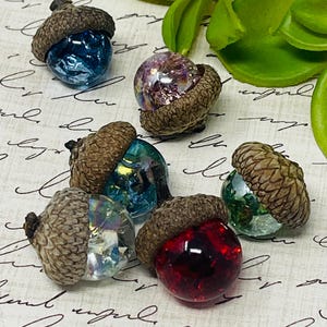 6 Iridescent Multi Colored Rainbow Handcrafted Acorns Cap Crackled ...