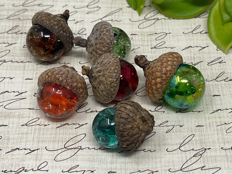 6 Fall Multi Colored Handcrafted Acorns Cap Crackled Glass Marbles ...