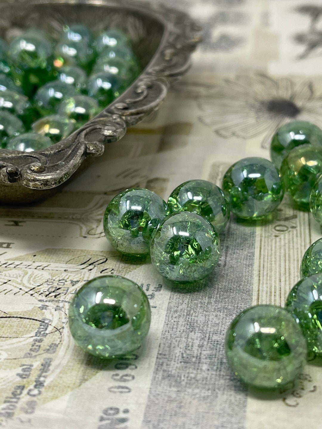 20 Iridized Peacock Green Hand Crackled Glass Marbles for Christmas ...
