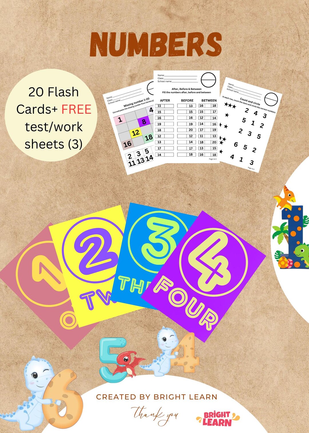 NUMBERS • 20 Digital Flash Cards • FREE Test/work Sheets {1+1+1 ...