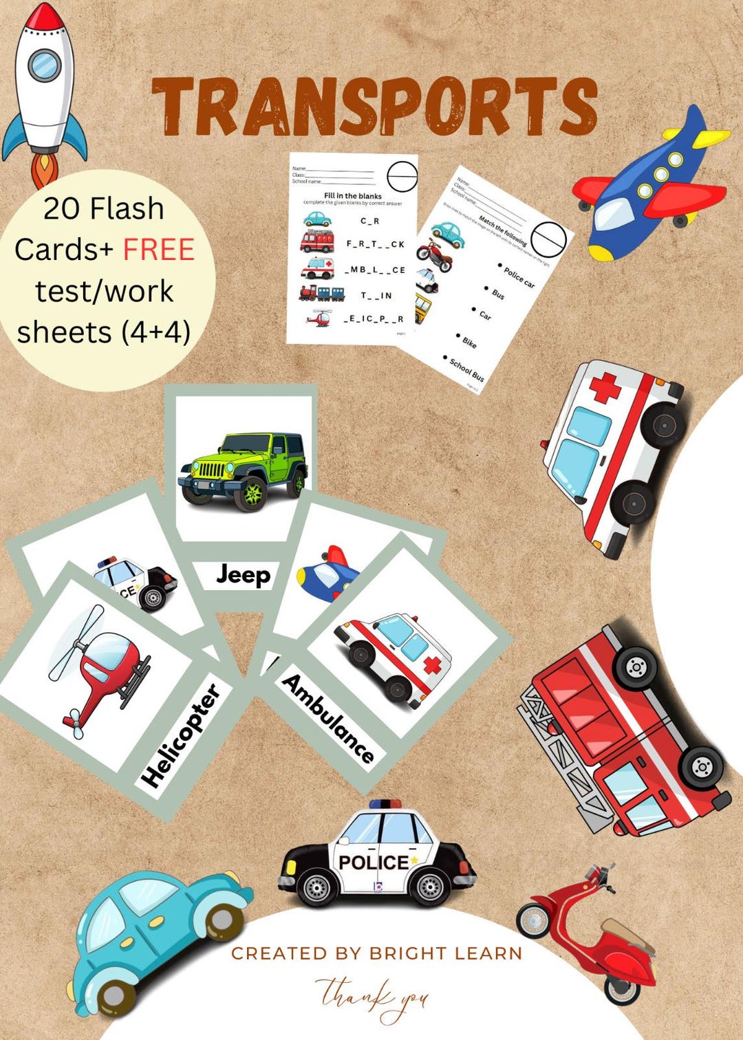 TRANSPORTS • 20 Digital Flash Cards • FREE Test/work Sheets {4+4 ...