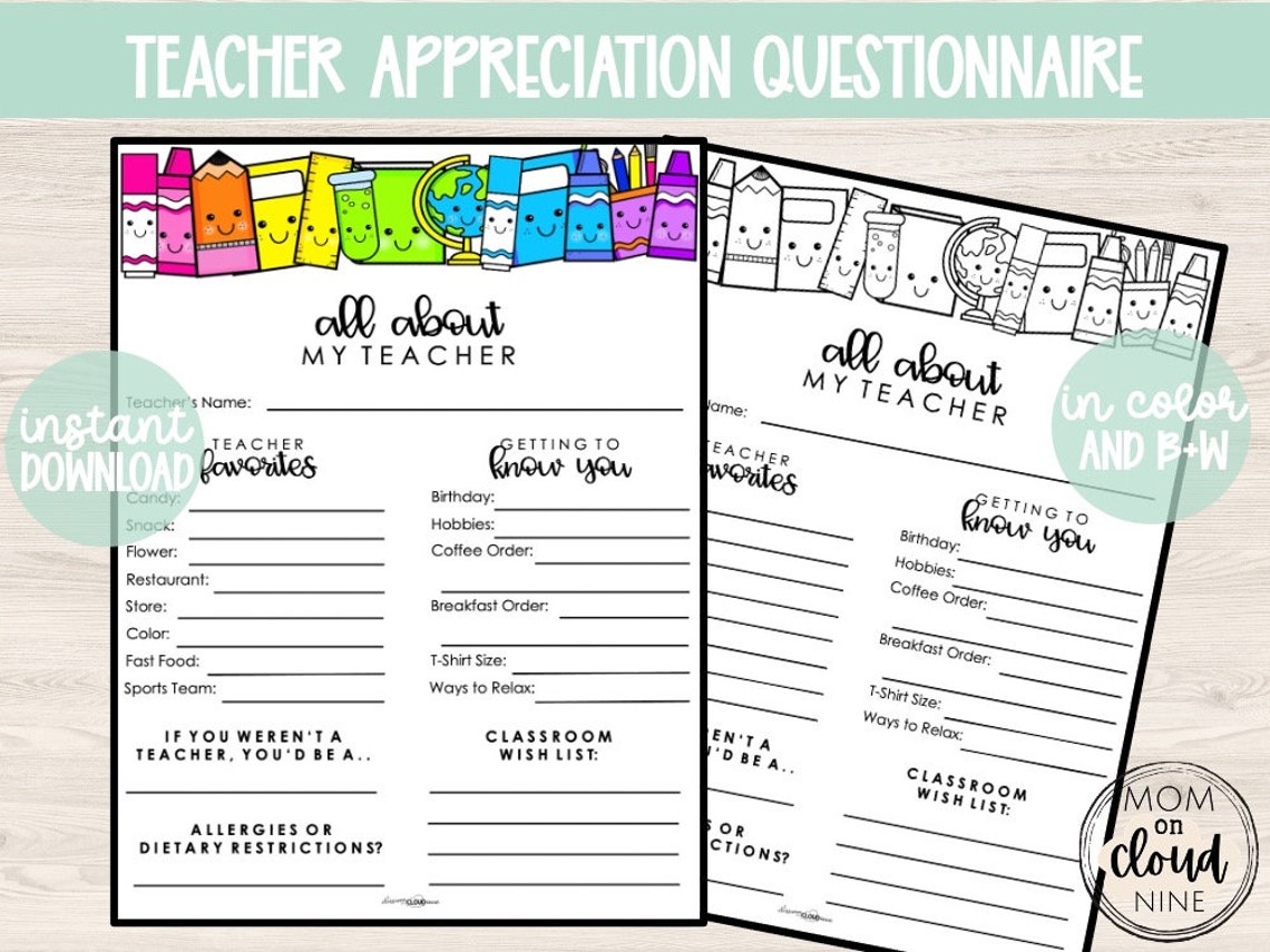 Teacher Questionnaire Printable | My Favorite Things List Questions ...