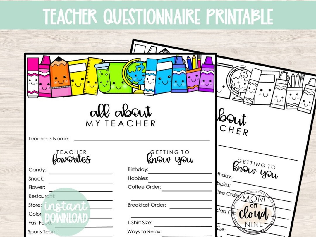 Teacher Questionnaire Printable | My Favorite Things List Questions ...