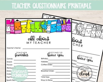 Teacher Questionnaire Printable | My Favorite Things List Questions ...
