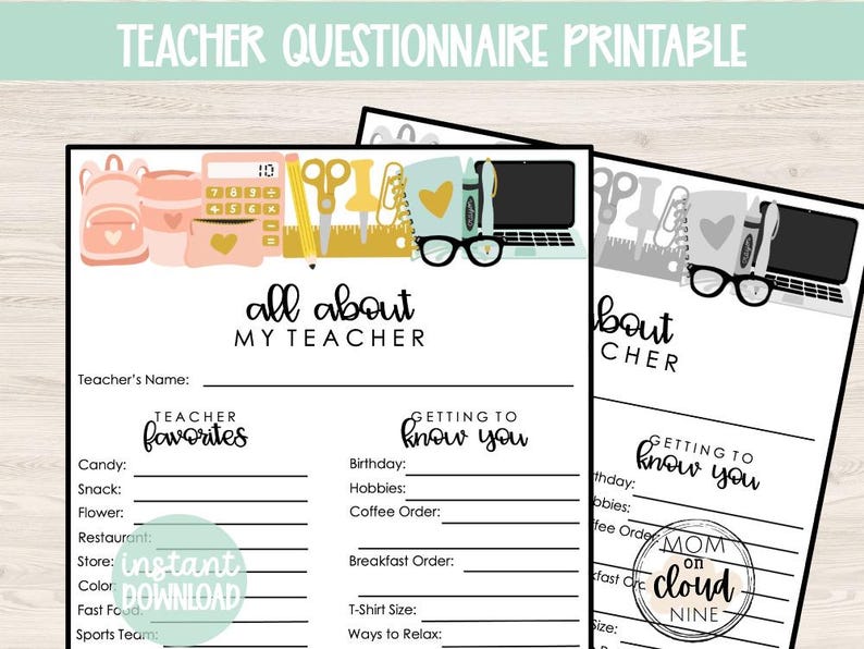 Teacher Questionnaire Printable | My Favorite Things List Questions ...