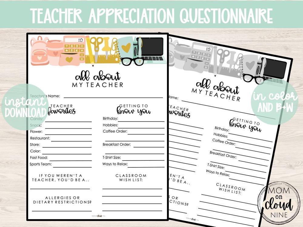 Teacher Questionnaire Printable | My Favorite Things List Questions ...