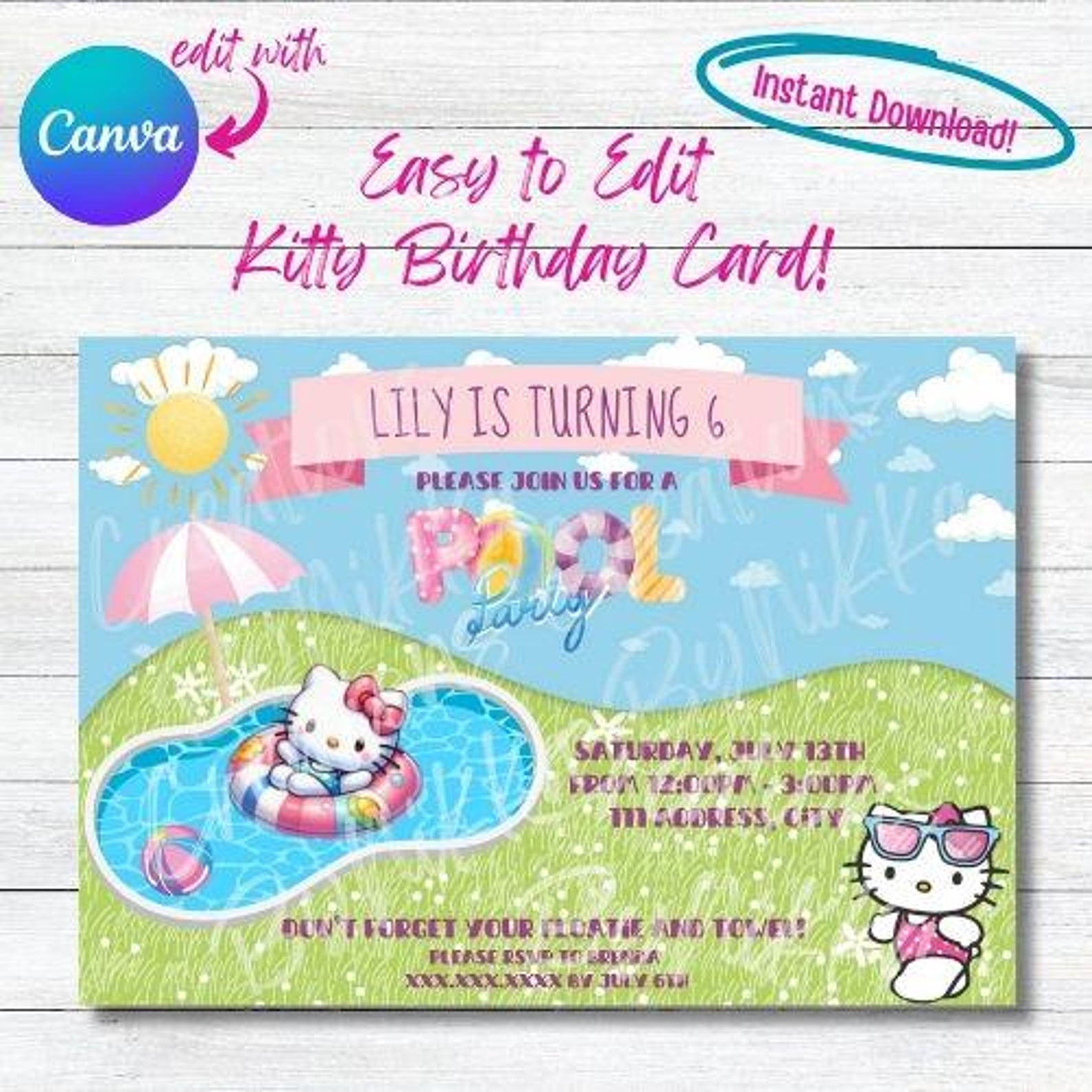 Kitty Pool Party Invite, Editable Kitty Birthday Invite, Kitty Swim ...
