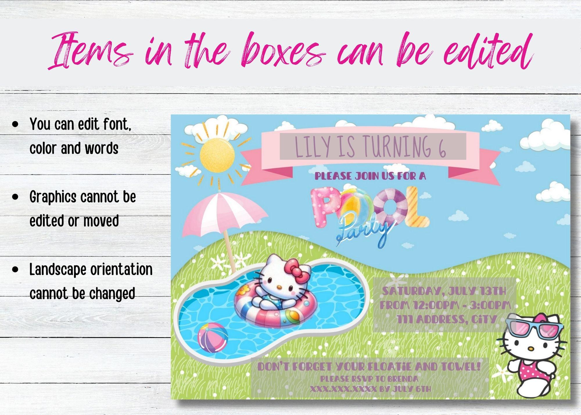 Kitty Pool Party Invite, Editable Kitty Birthday Invite, Kitty Swim ...