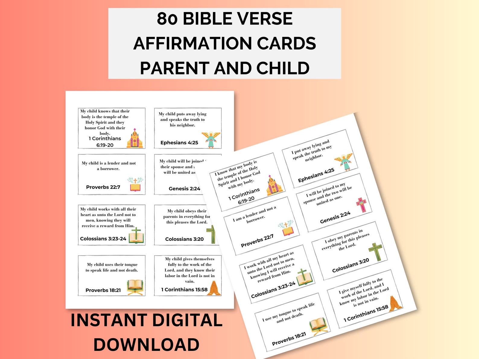 80 Bible Verse Printable Cards for Parent and Child, 40 Bible Verse ...