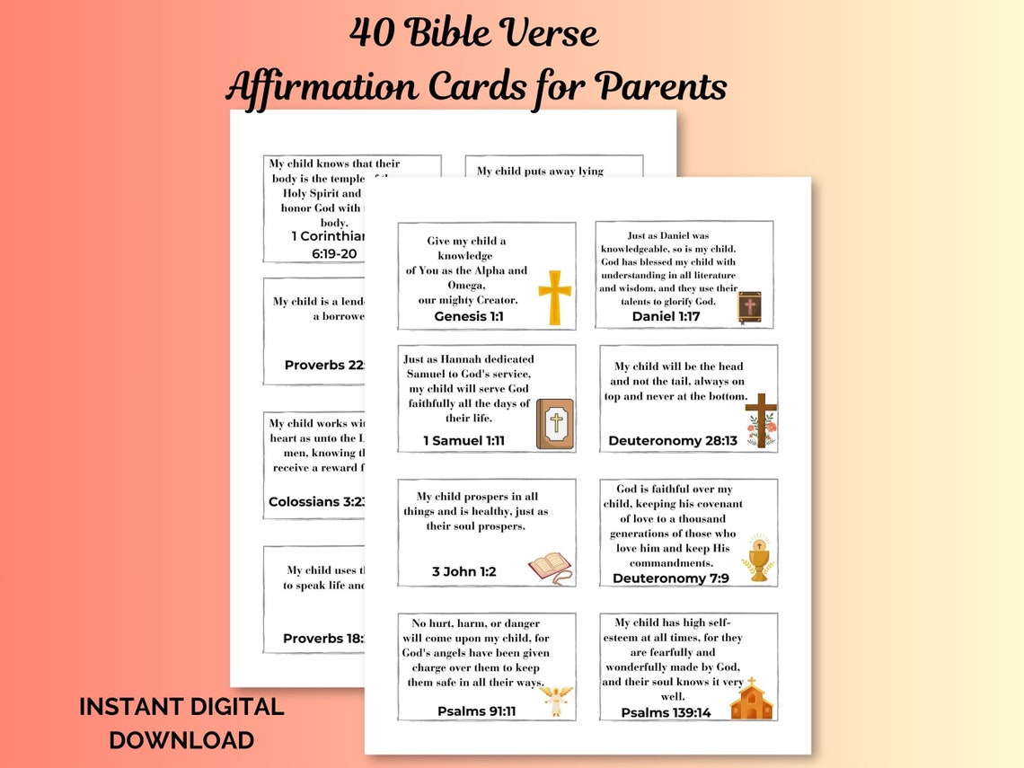 40 Parent's Bible Scripture Affirmation Printable Cards, 40 Bible Verse ...