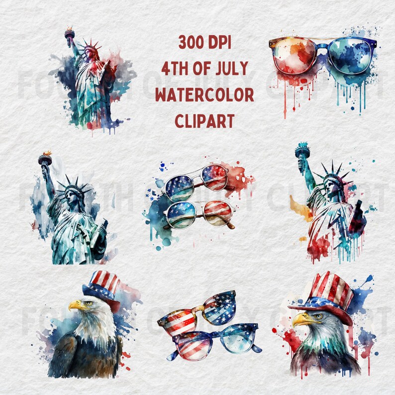 Watercolor 4th of July Clipart: Patriotic PNG Bundle (digital Download ...