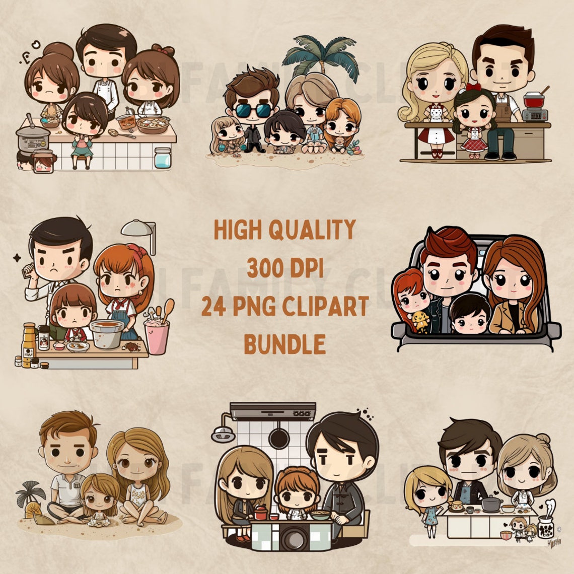 Chibi Family Clipart, Family Clipart Bundle, Mom, Dad, Kids, 24 PNG ...