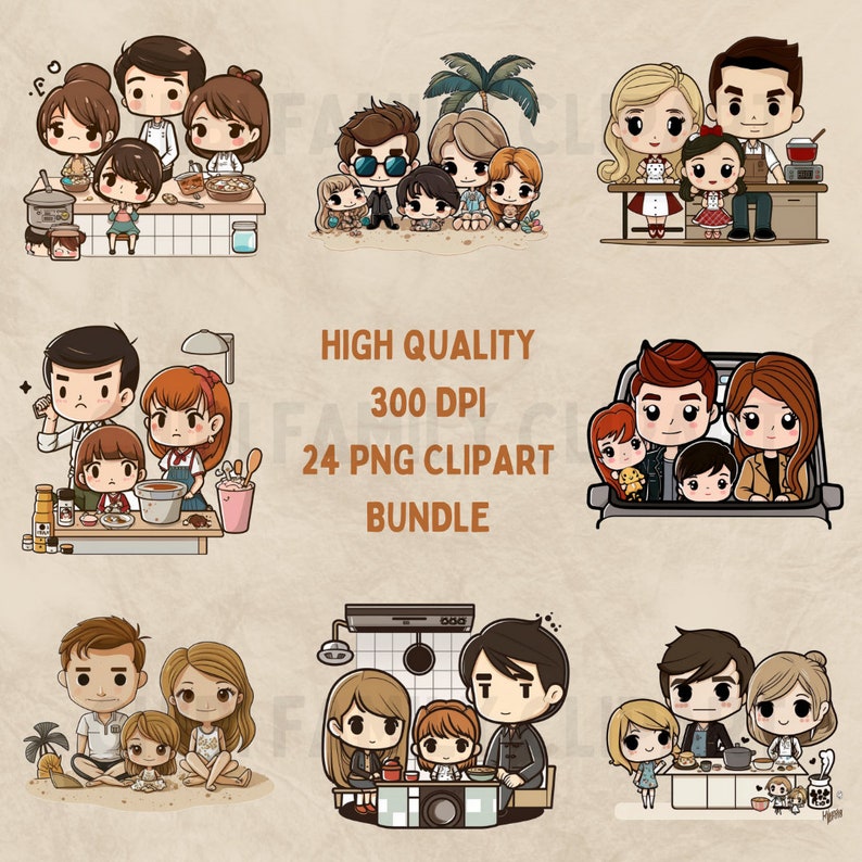Chibi Family Clipart, Family Clipart Bundle, Mom, Dad, Kids, 24 PNG ...