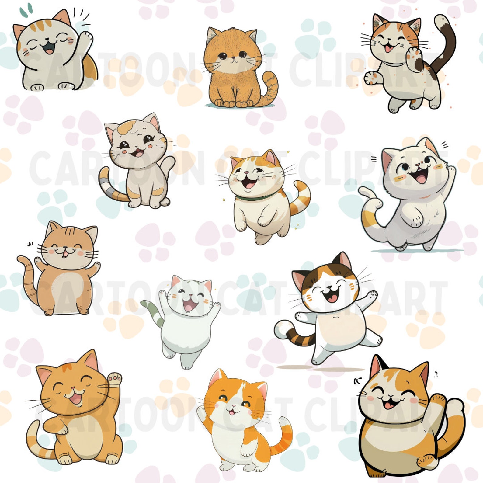 Cats Clipart Bundle, Cute Cat Pngs, 12pngs 300DPI, Transparent, Instant ...