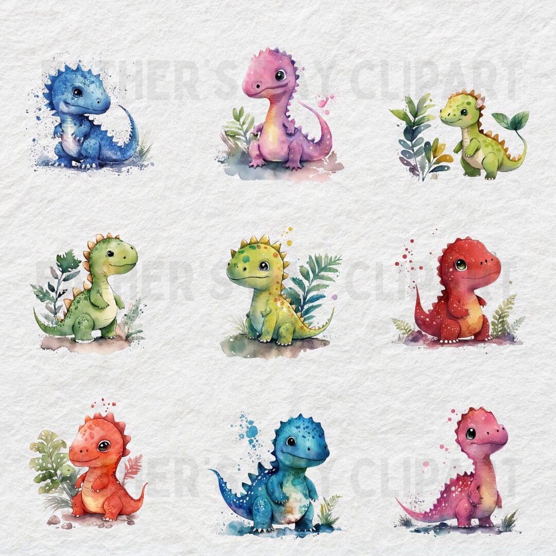 Watercolor Baby Dinosaur Clipart: Cartoon PNG Images (digital Download ...