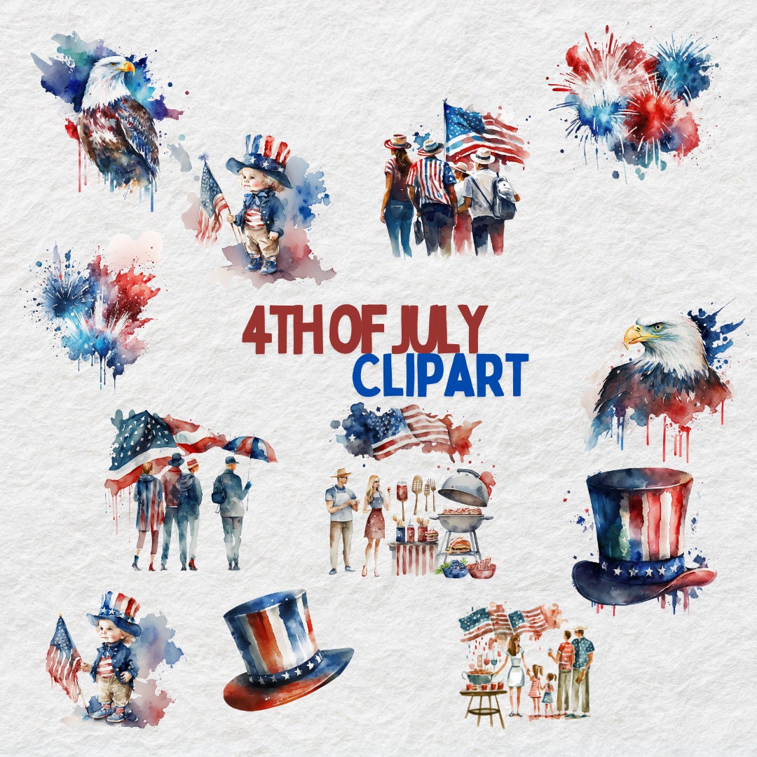 Watercolor 4th of July Clipart Bundle: Patriotic PNG Images (digital ...