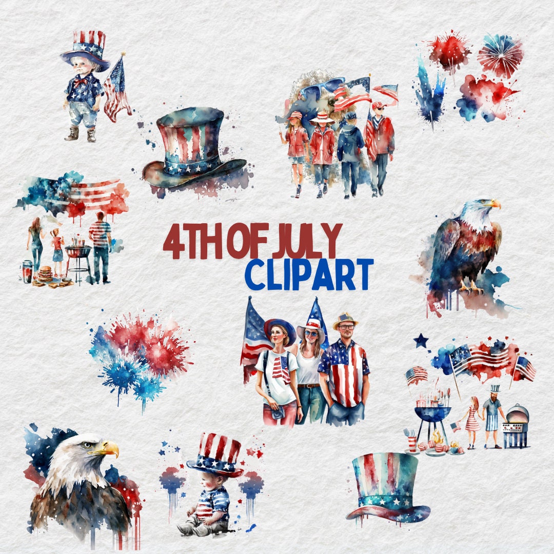 Watercolor 4th of July Clipart Bundle: Patriotic PNG Images (digital ...