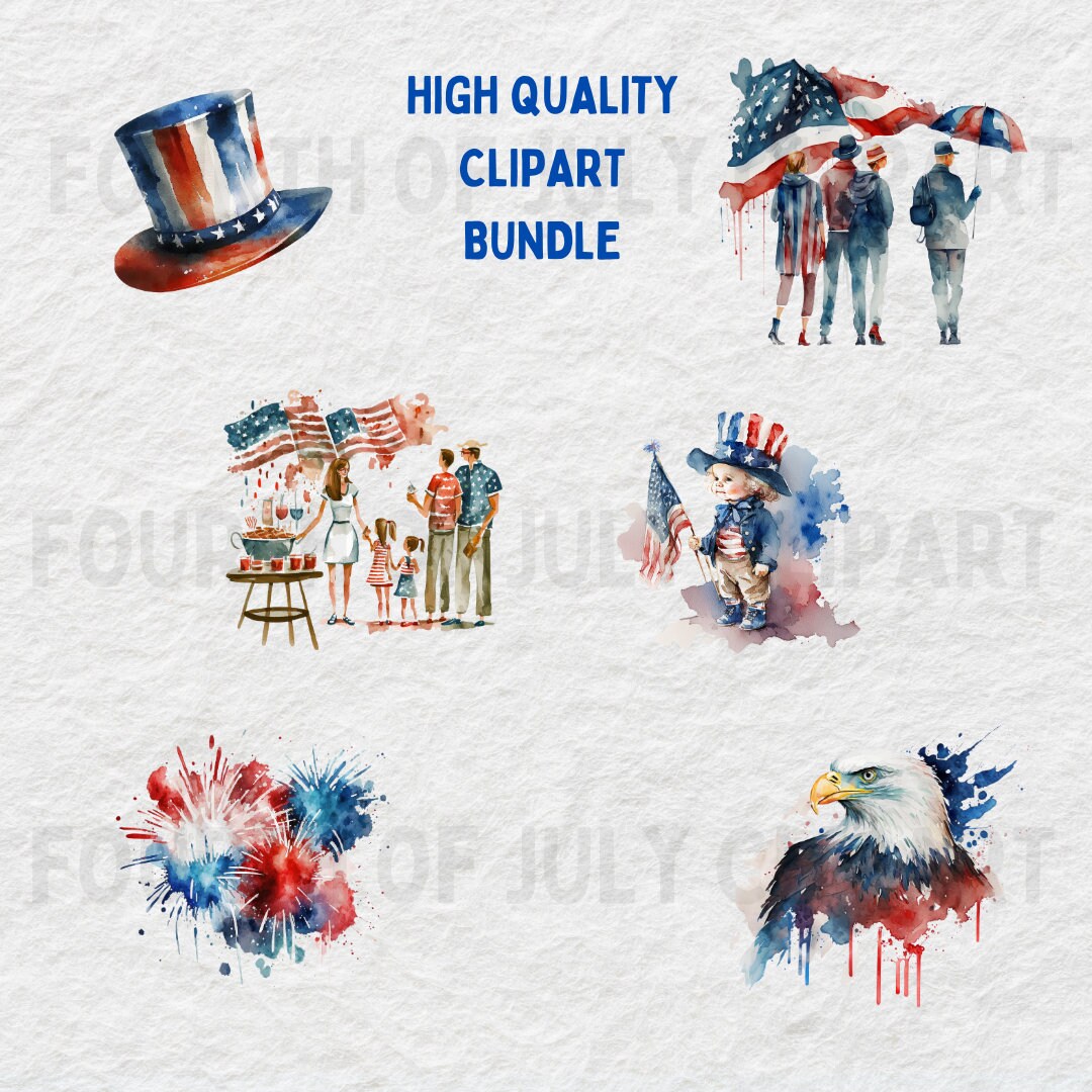 Watercolor 4th of July Clipart Bundle: Patriotic PNG Images (digital ...
