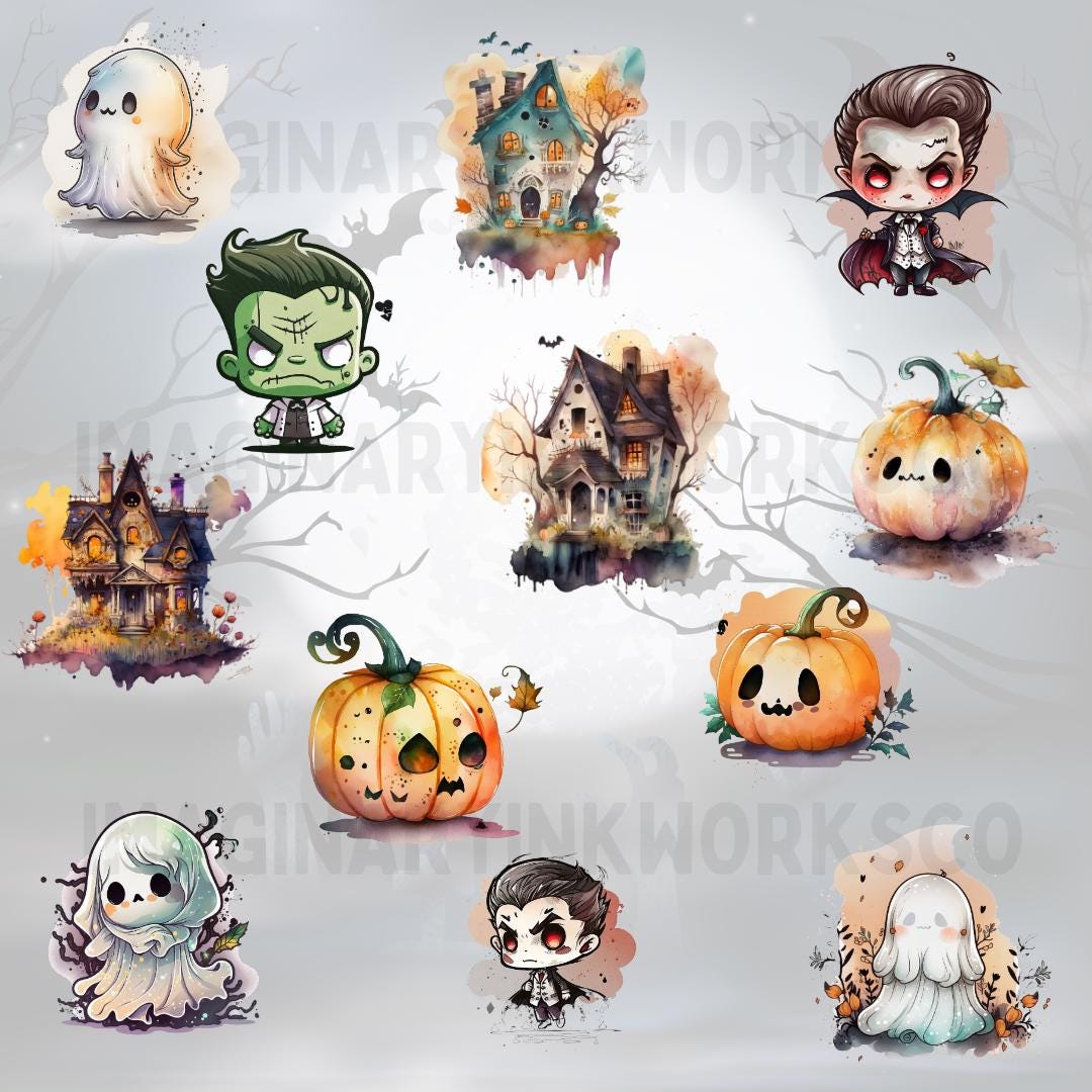 Halloween Chibi Clipart Bundle: 12 PNG Images (PDF File) - Etsy