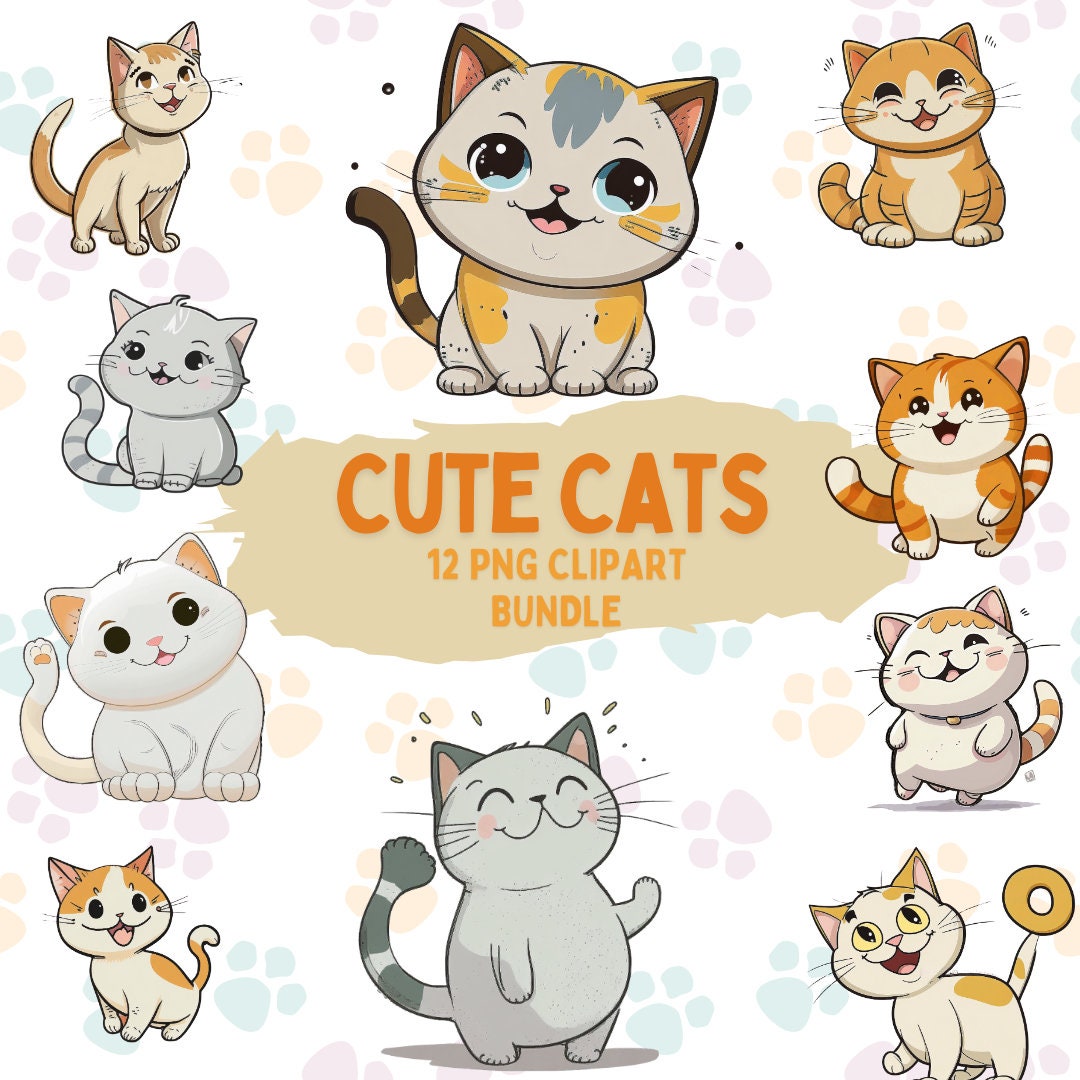 Cats Clipart Bundle, Cute Cat Pngs, 12pngs 300DPI, Transparent, Instant ...