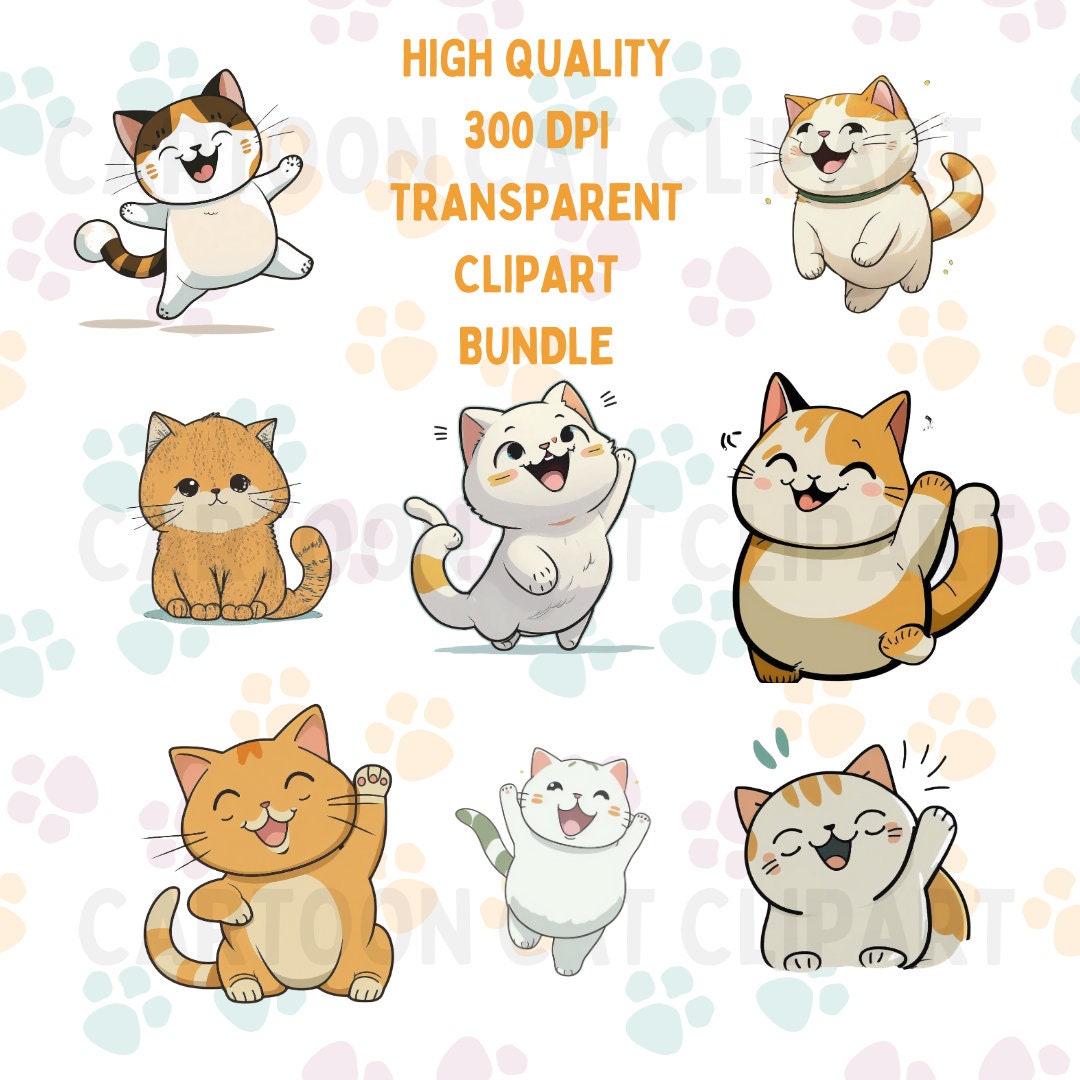 Cats Clipart Bundle, Cute Cat Pngs, 12pngs 300DPI, Transparent, Instant ...