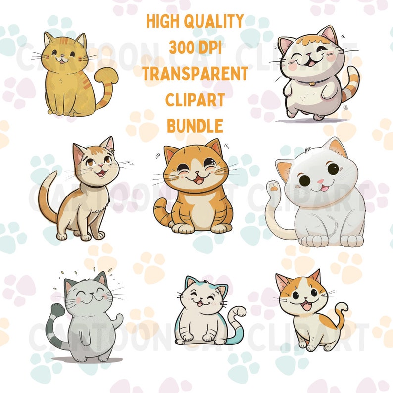 Cats Clipart Bundle, Cute Cat Pngs, 12pngs 300DPI, Transparent, Instant ...