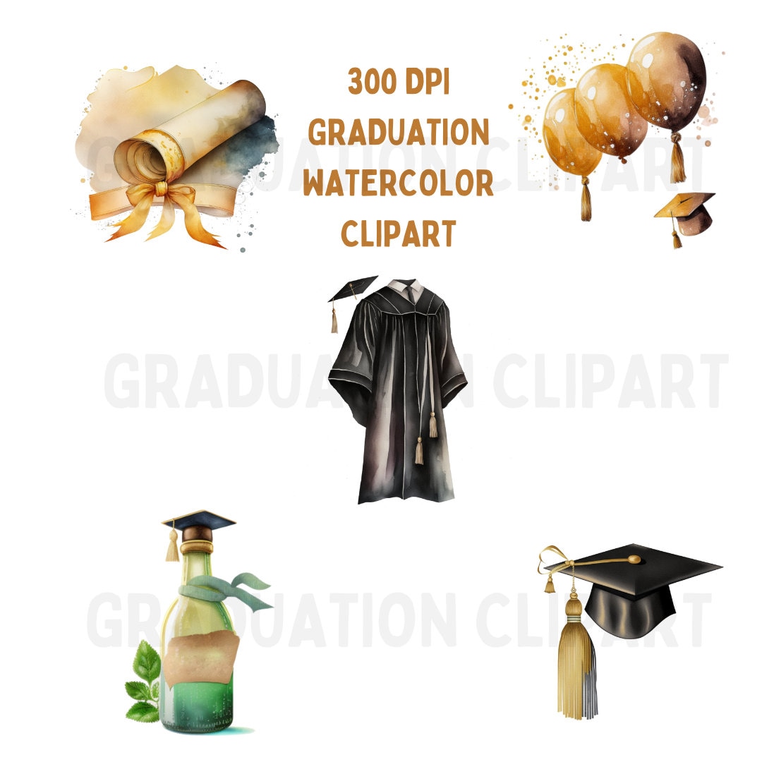 Watercolor Graduation Clipart: Cap, Gown, Diploma (PNG Bundle) (digital ...