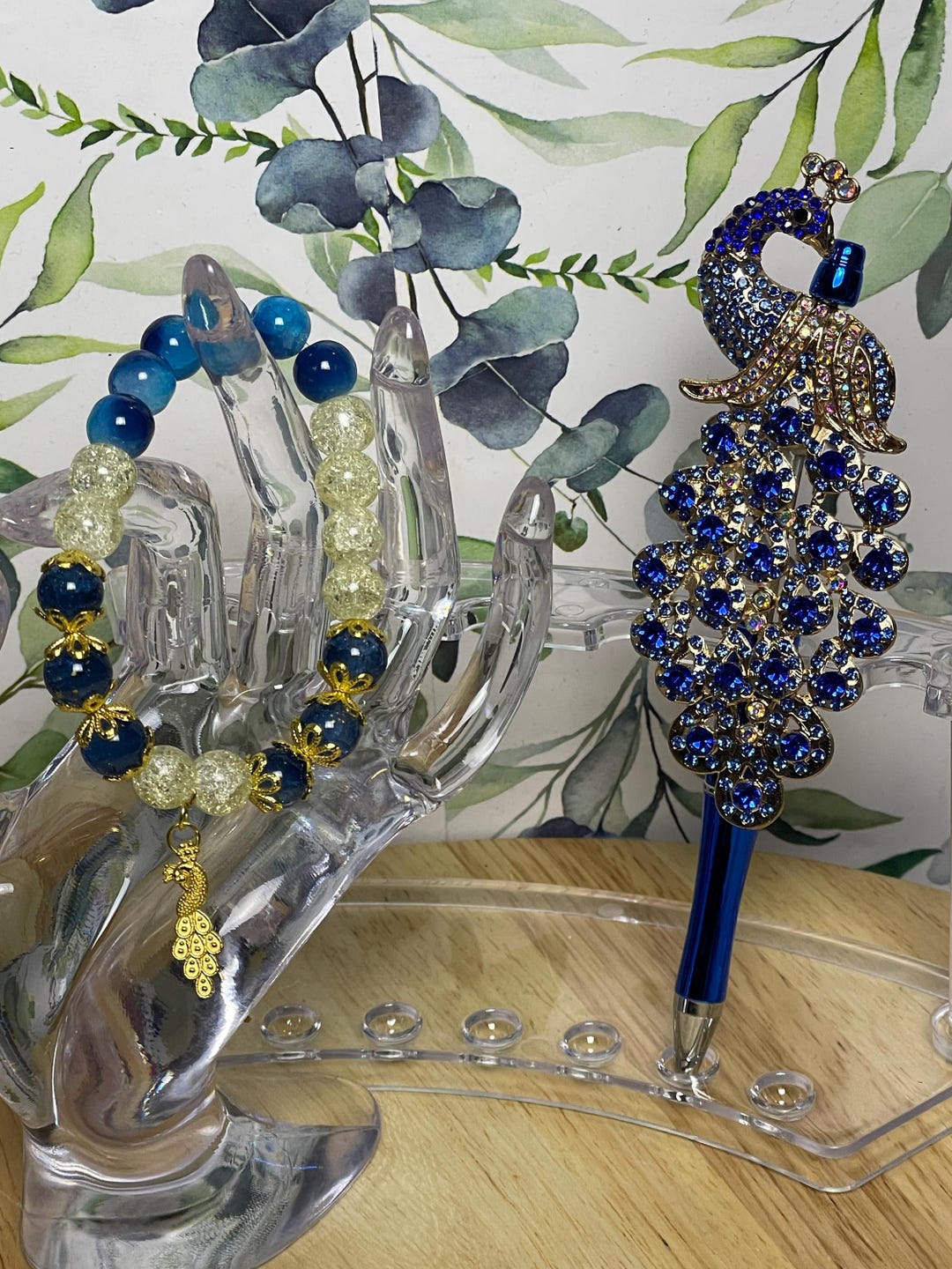 Navy Blue Peacock Bling Beaded Pen and Bracelet, Beaded Pen, Custom ...