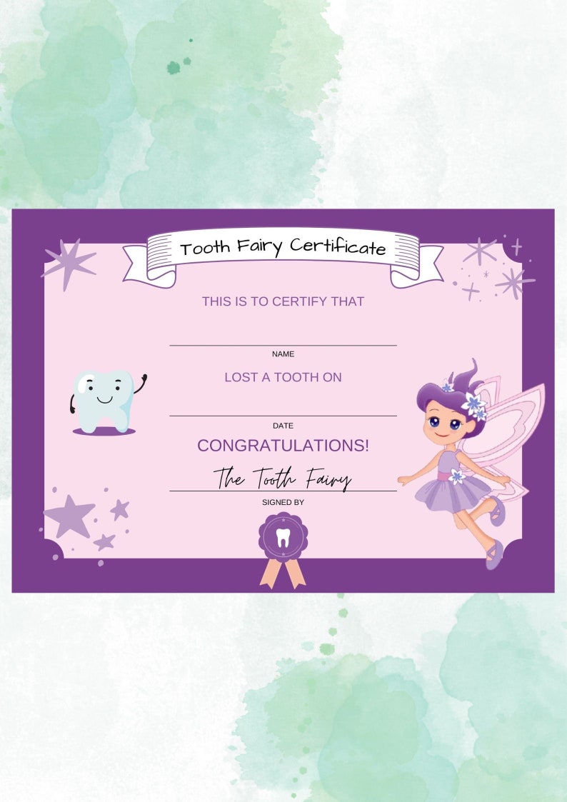 Tooth Fairy Certificate for Lost Teeth Instant Download, Blue & Pink ...