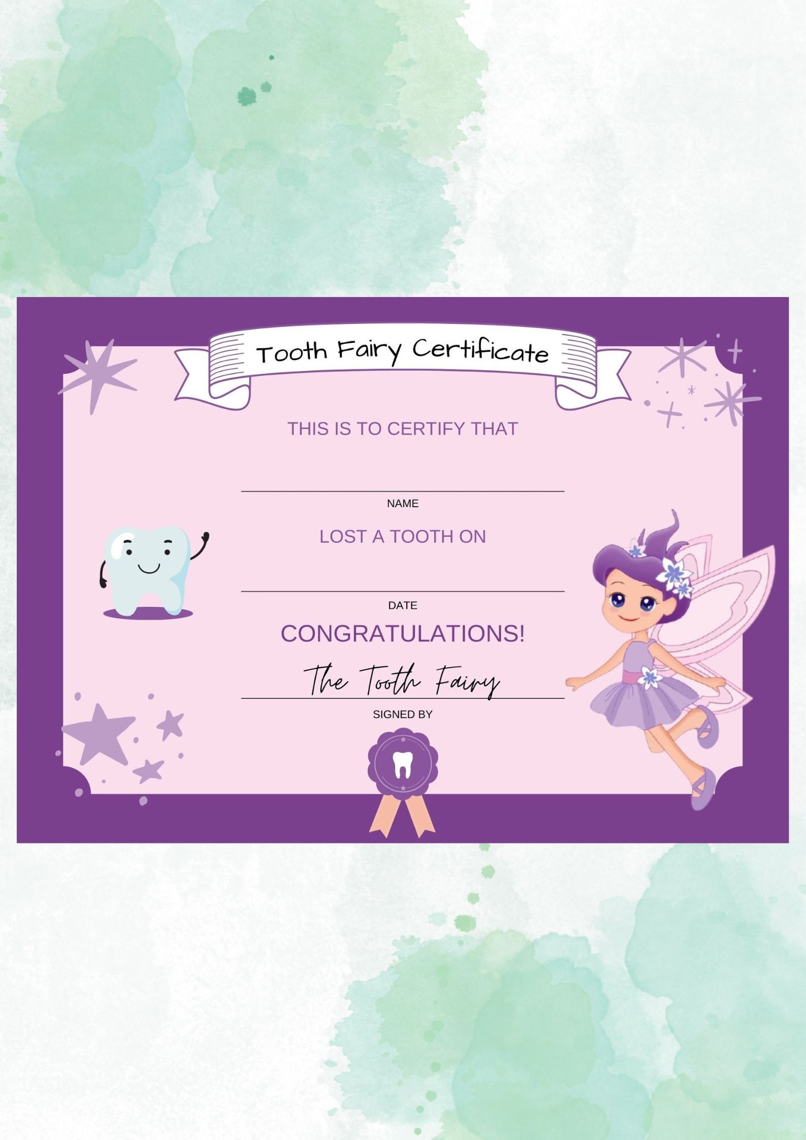 Tooth Fairy Certificate for Lost Teeth Instant Download, Blue & Pink ...