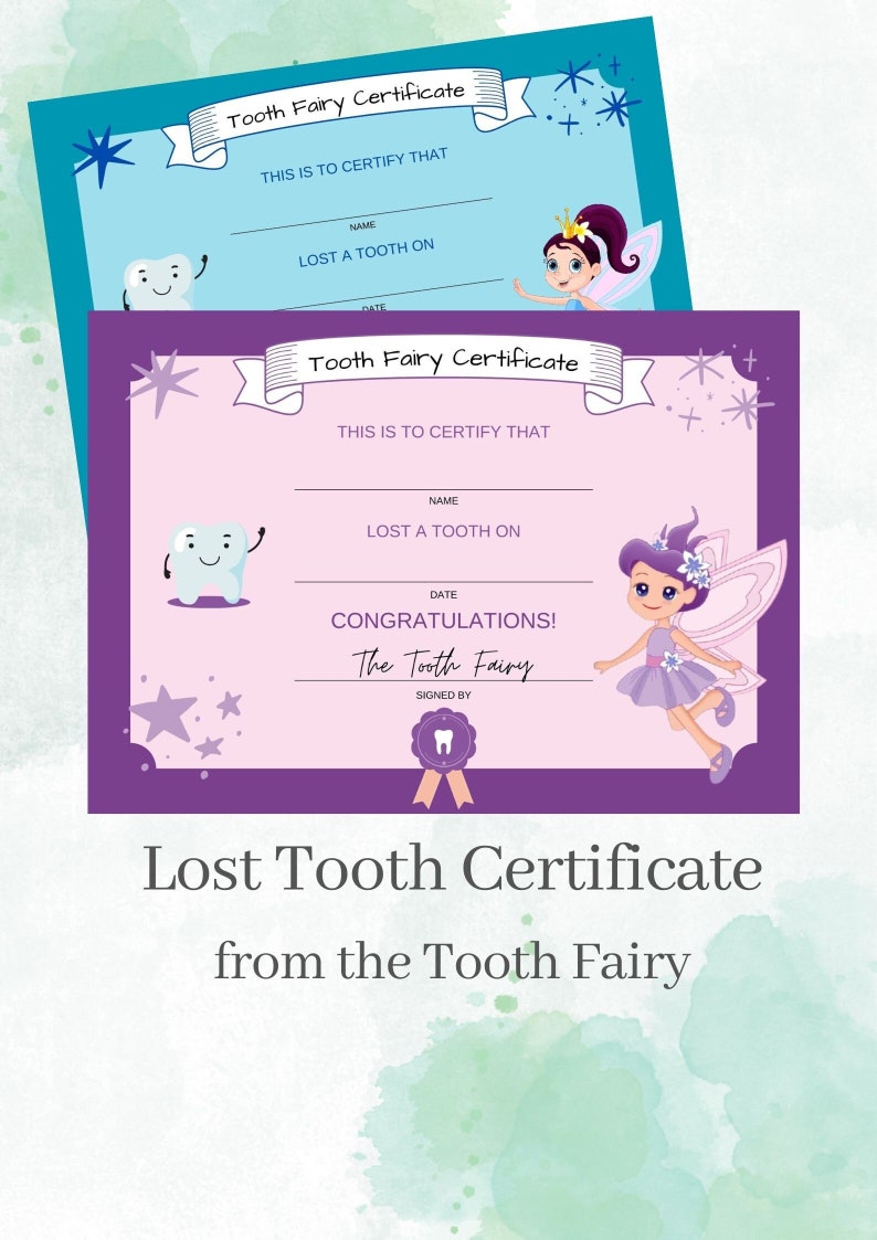 Tooth Fairy Certificate for Lost Teeth Instant Download, Blue & Pink ...