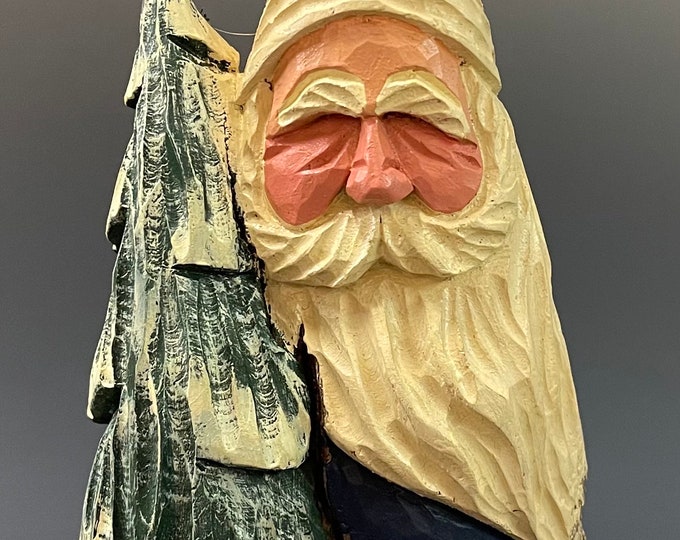 HAND Carved Original 11” Tall Santa & Tree From 100 Year Old Cottonwood ...