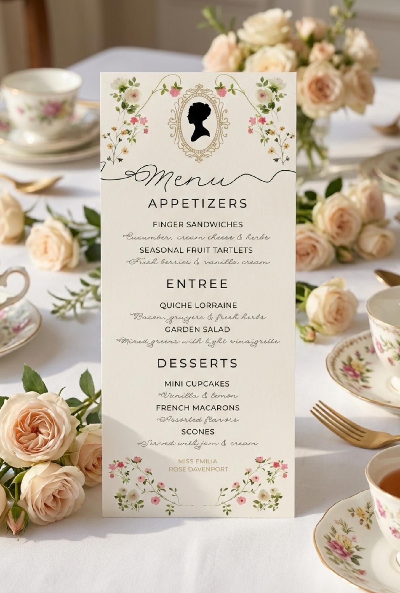 Tea Party Bridal Shower Menu • Bridgerton Inspired • Luxury 4x9 Table ...