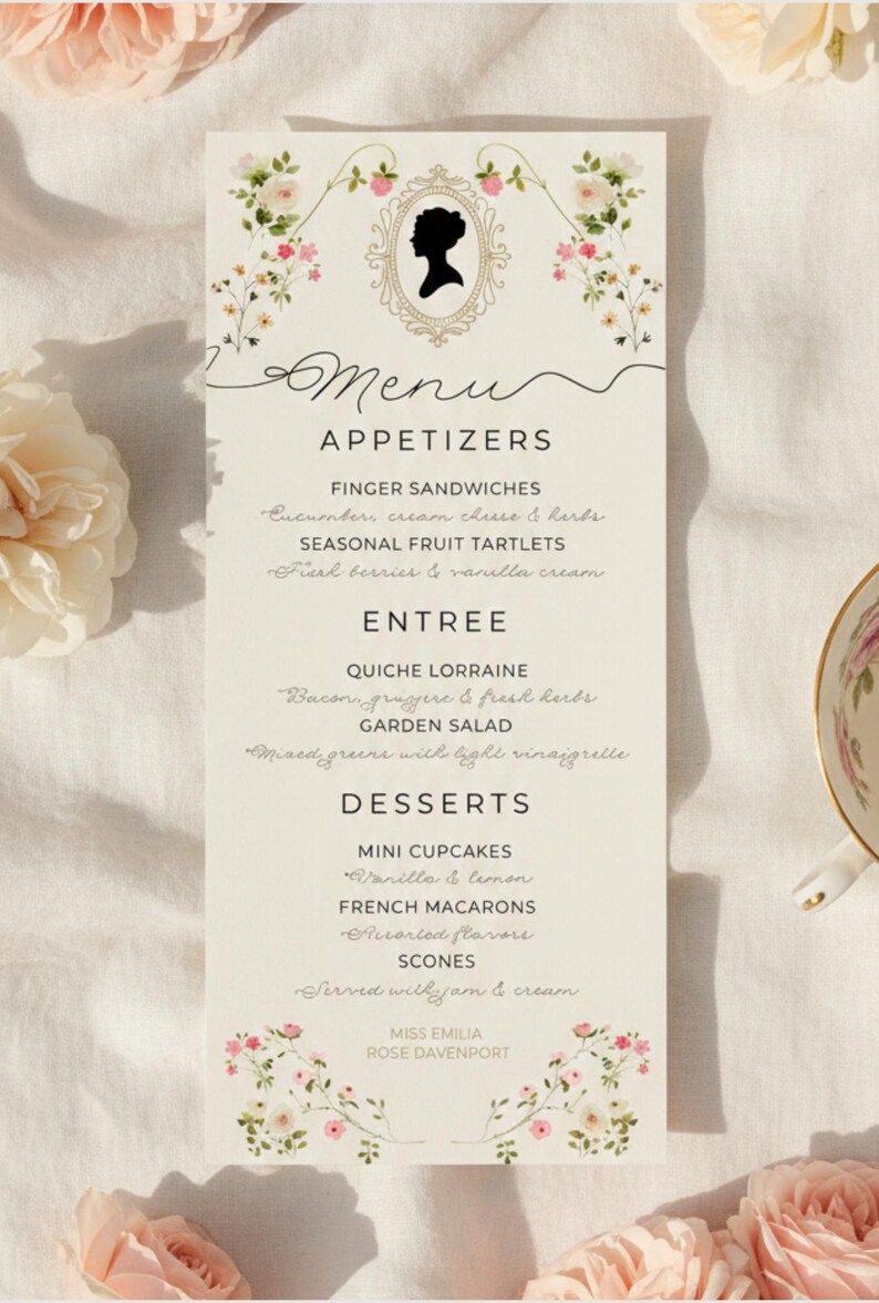 Tea Party Bridal Shower Menu • Bridgerton Inspired • Luxury 4x9 Table ...