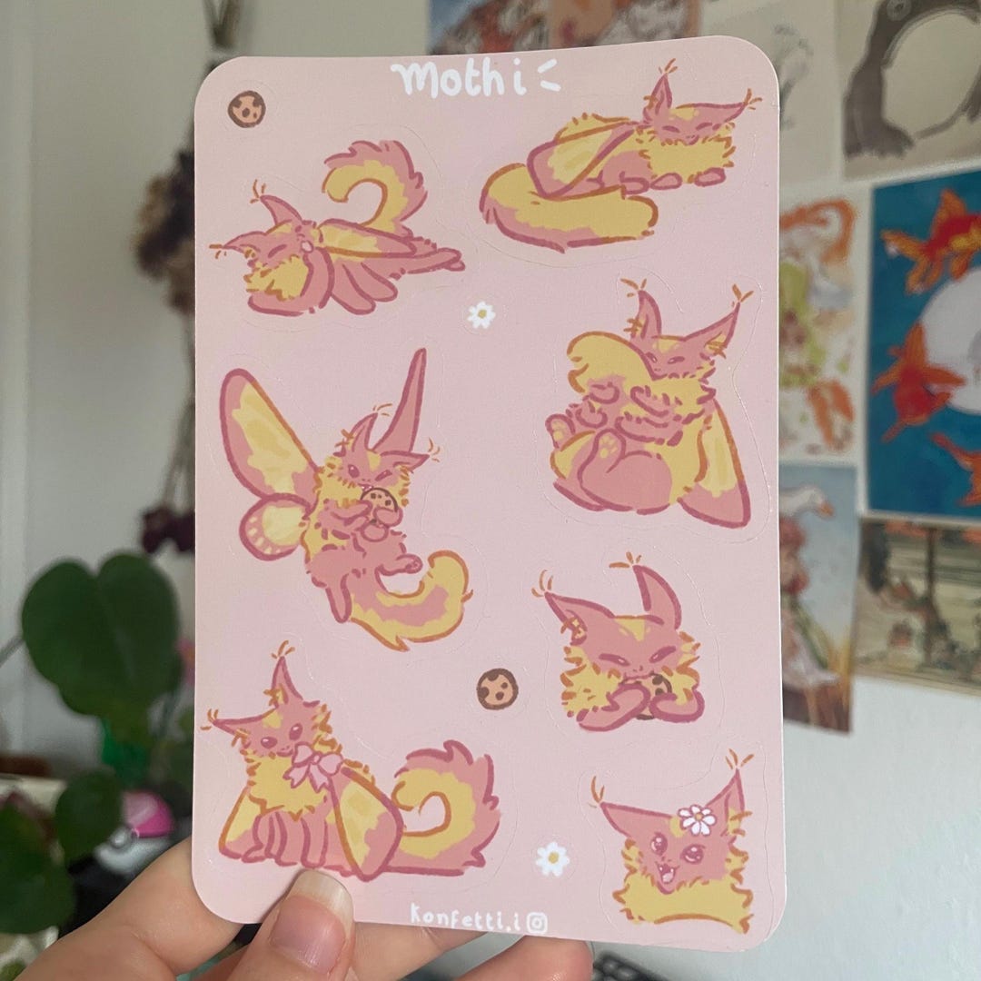 Moth Cat Sticker Sheet L Mothi the Rosy Maple Mothcat L Cute Stationary ...
