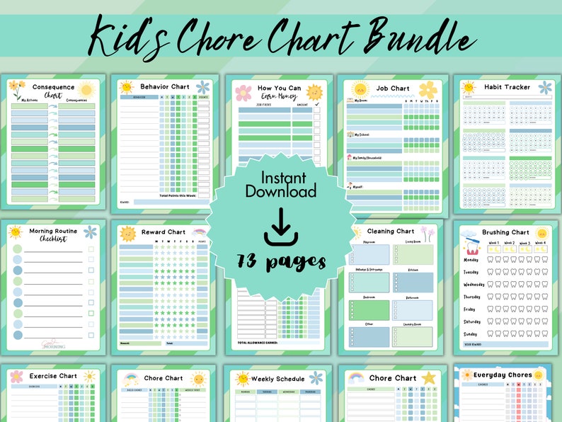 Printable Kids Chore Chart - Green - Etsy